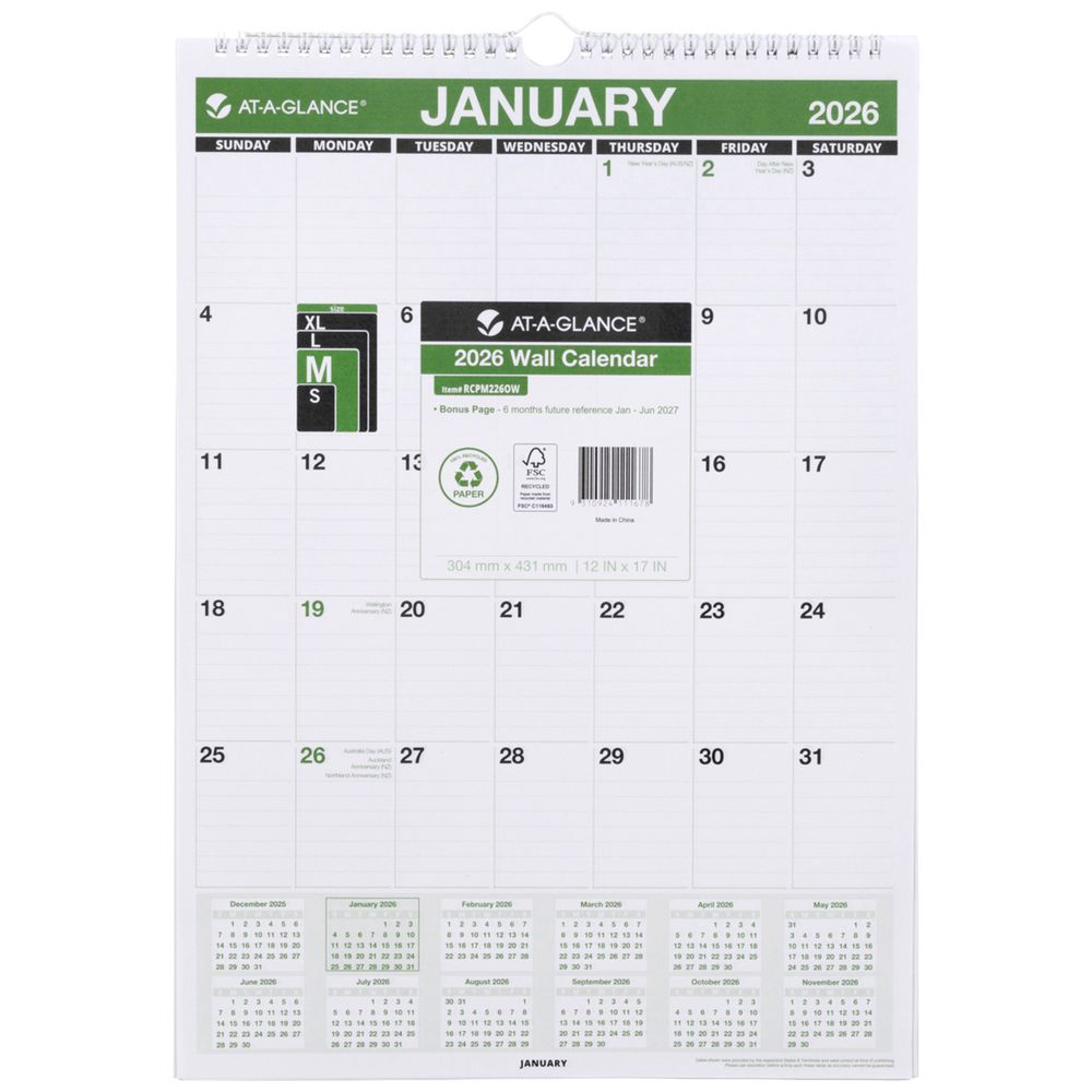 At-A-Glance 304x431mm Wall Calendar 2026 | Officeworks