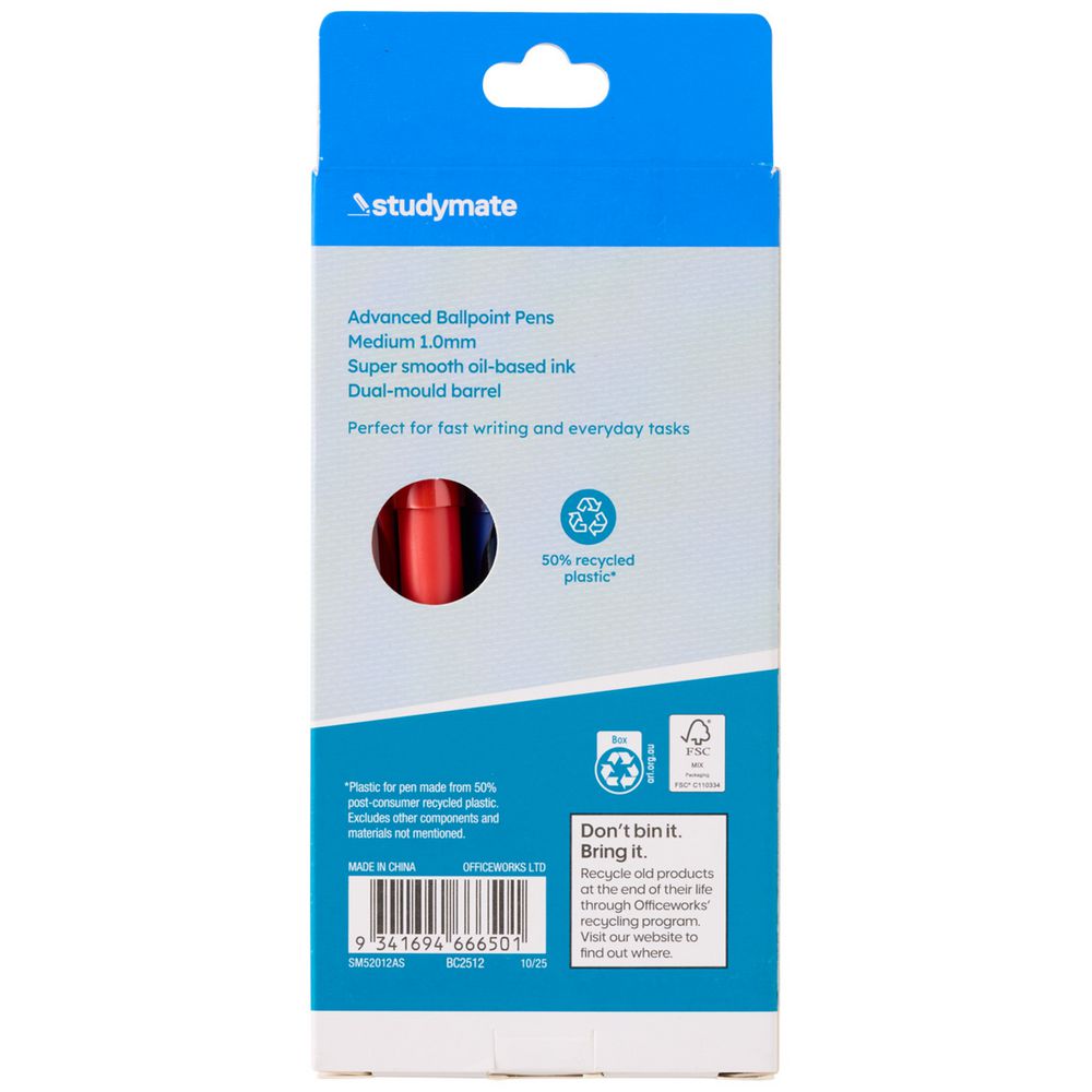 Studymate 1mm Semi-Gel Capped Ballpoint Pen Assorted 12 Pack | Officeworks