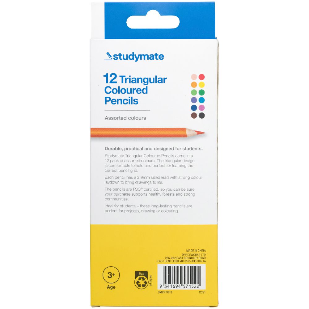 Studymate Triangular Coloured Pencils 12 Pack | Officeworks