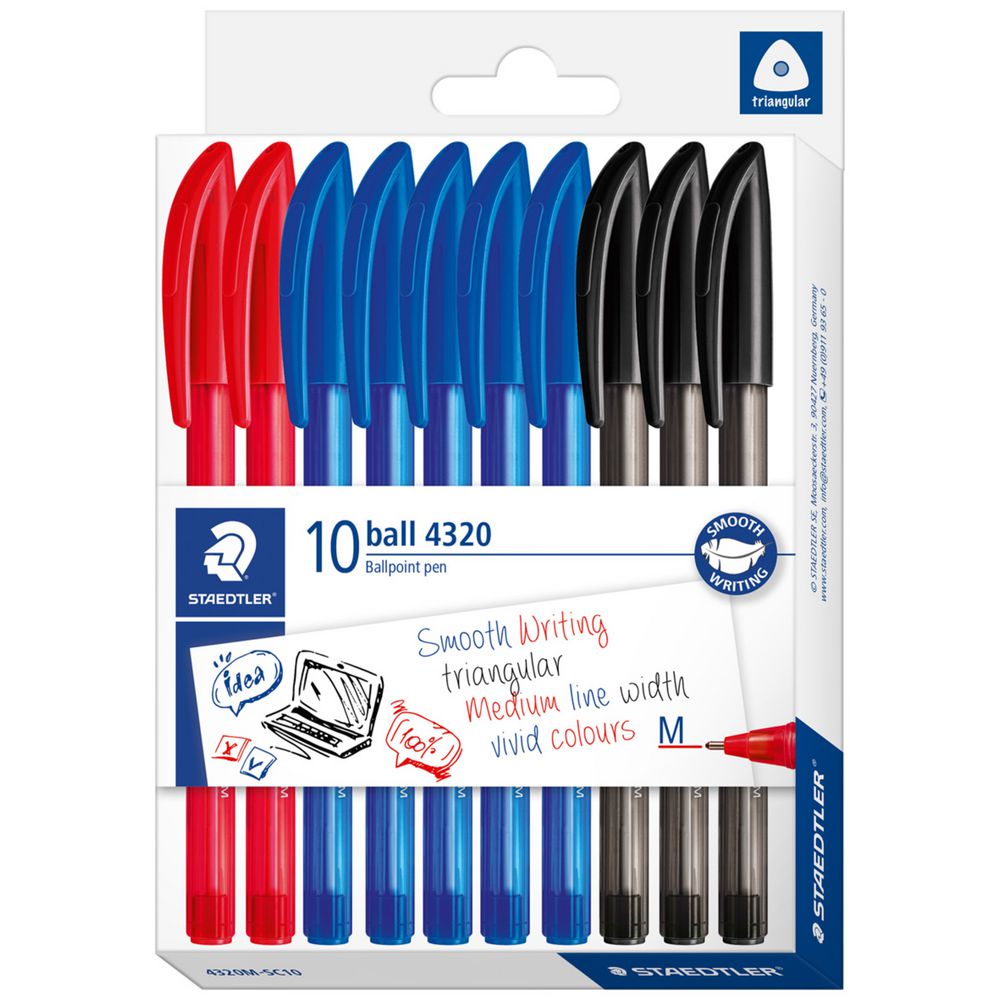 Staedtler Triangular Medium Stick Ballpen 4320 Blue 10 Pack | Officeworks